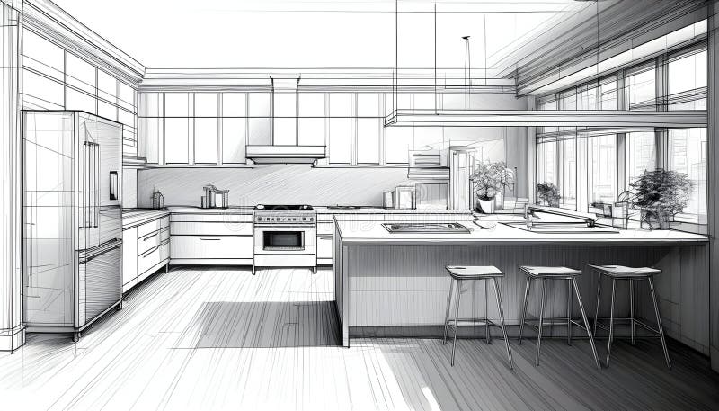 Minimalist Sketch Perspective Interior, Drawing Pen with Pencil Black ...