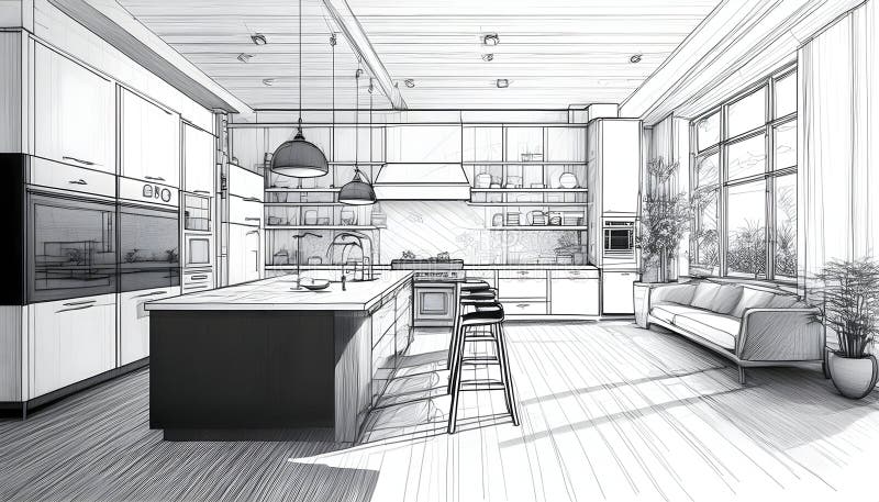 Minimalist Sketch Perspective Interior, Drawing Pen with Pencil Black ...