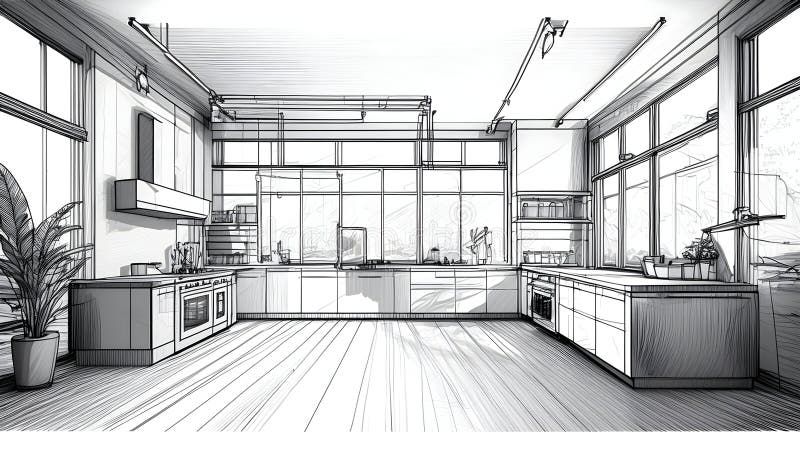 Minimalist Sketch Perspective Interior, Drawing Pen with Pencil Black ...