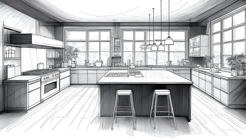 Minimalist Sketch Perspective Interior, Drawing Pen with Pencil Black ...