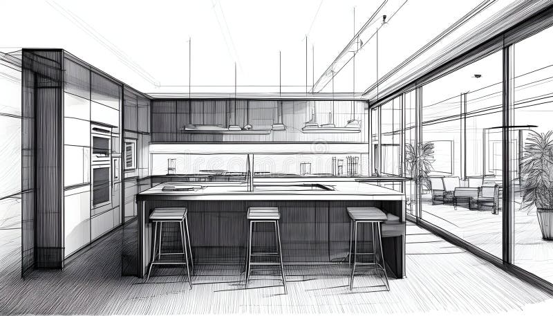 Minimalist Sketch Perspective Interior, Drawing Pen with Pencil Black ...