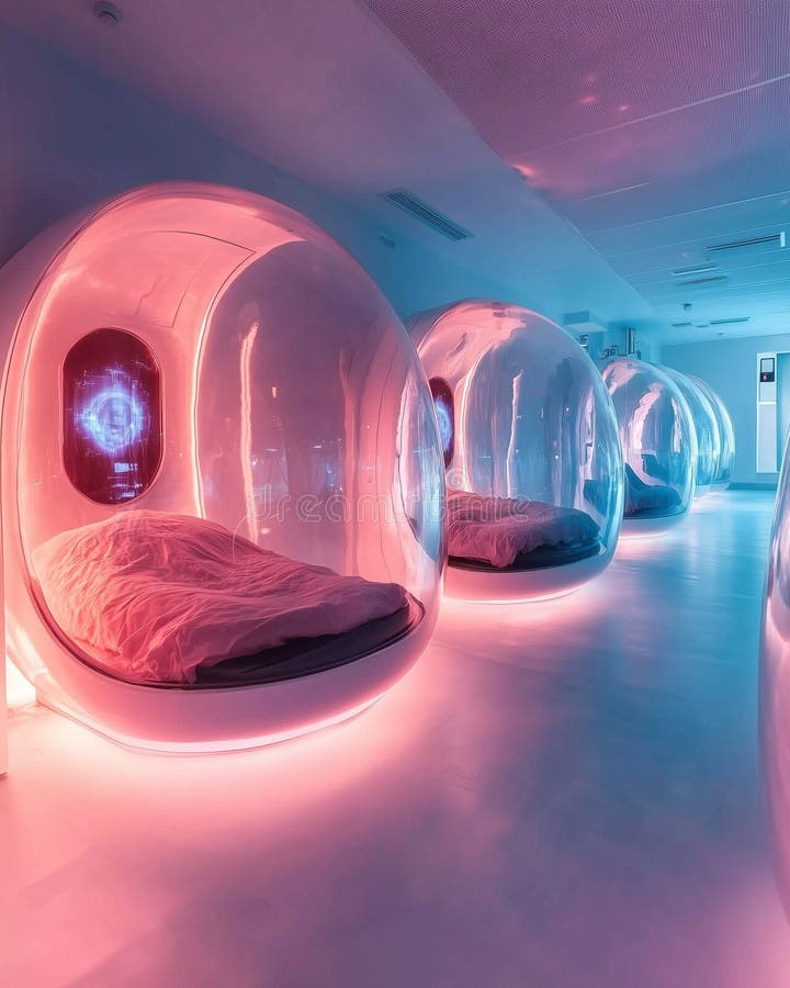 Minimalist Sleeping Pods in Pink and Blue Illumination for Modern Rest ...