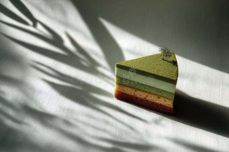 Minimalist Slice of Matcha Cake Showcasing Elegant Layers and Playful Shadows in Soft Natural ...