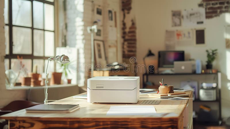 Minimalist Small Printer on a Desk in a Modern Loft Workspace with ...