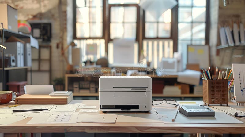 Minimalist Small Printer on a Desk in a Modern Loft Workspace with ...