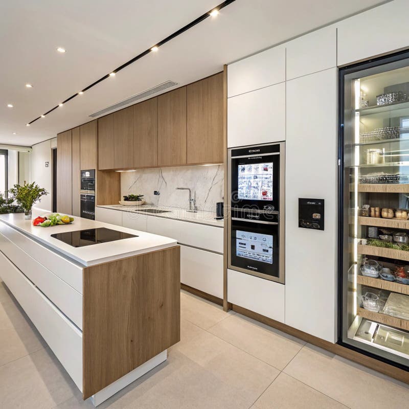 Minimalist Smart Kitchen with Hidden Storage and a Touchscreen Control ...