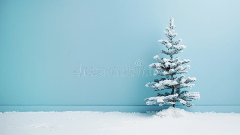 Minimalist Snow-Covered Pine Tree on Blue Background for Winter and ...