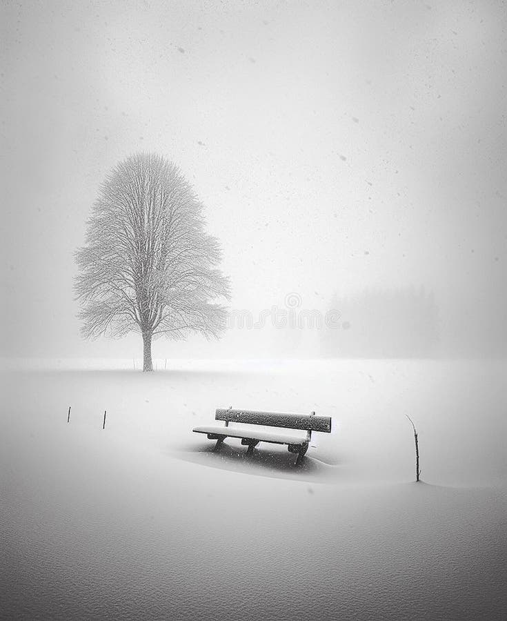 Minimalist Winter Image with a Bench and a Tree Stock Illustration ...