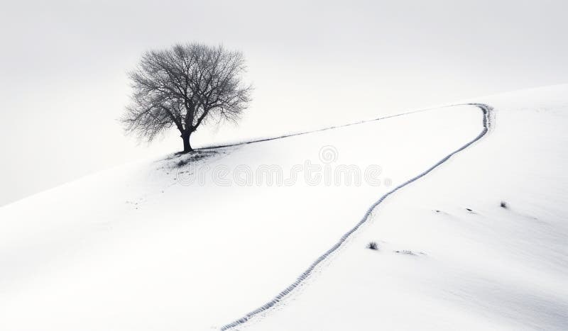 Minimalist Snowy Landscape with One Tree on a Hill. AI Generated Stock ...
