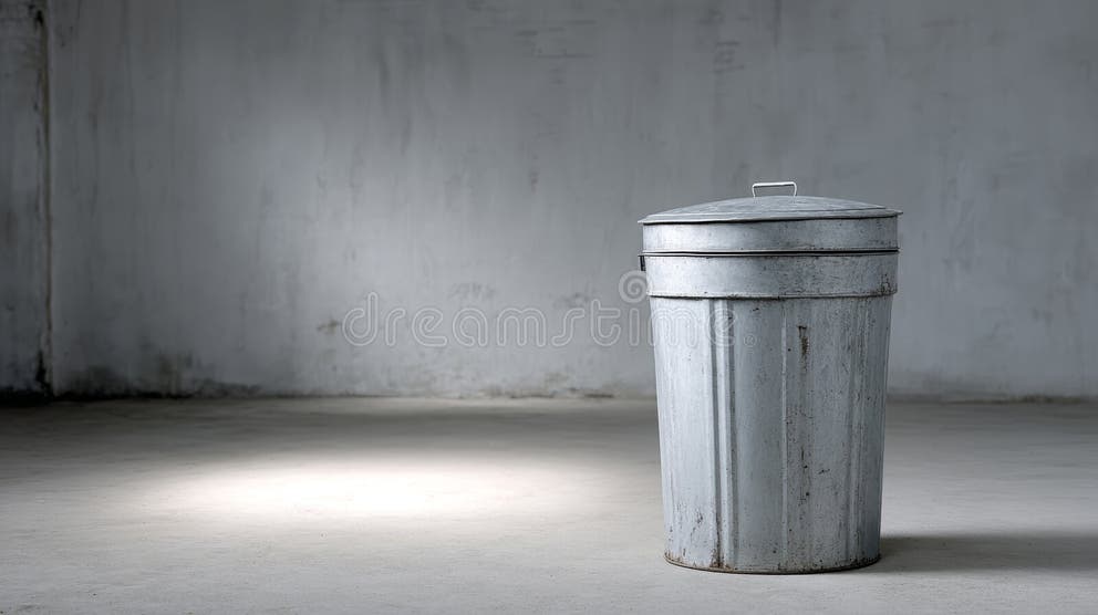 Solid Metal Waste Bin with Secure Lid in an Empty Industrial Warehouse ...