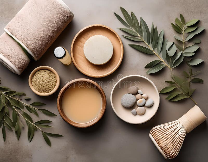 Minimalist Spa Essentials on Concrete Surface with Earth Tones Stock ...