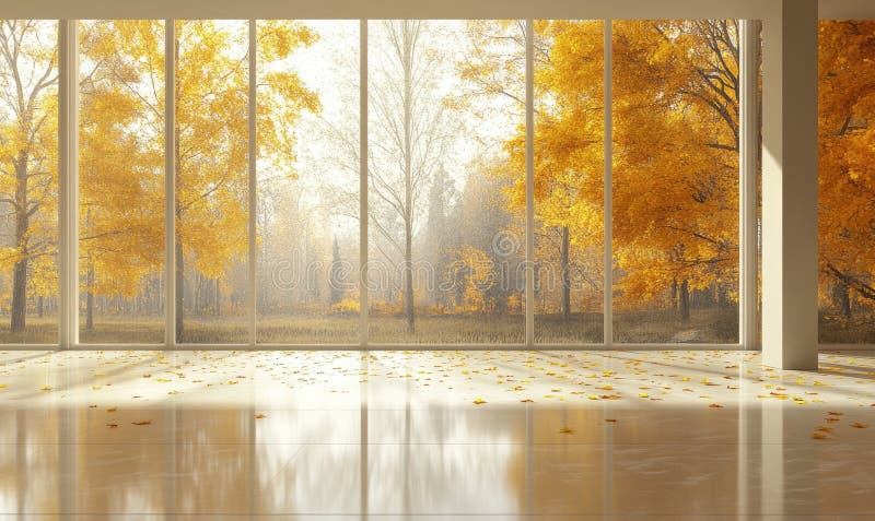 Minimalist Space, Panoramic Window, Autumn Trees Outside Stock Image ...