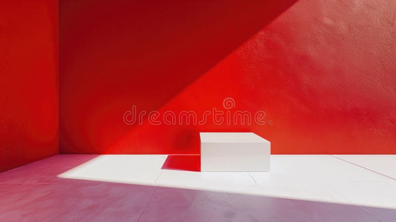 A Minimalist Space with a Single White Box on the Floor in a Red Room ...
