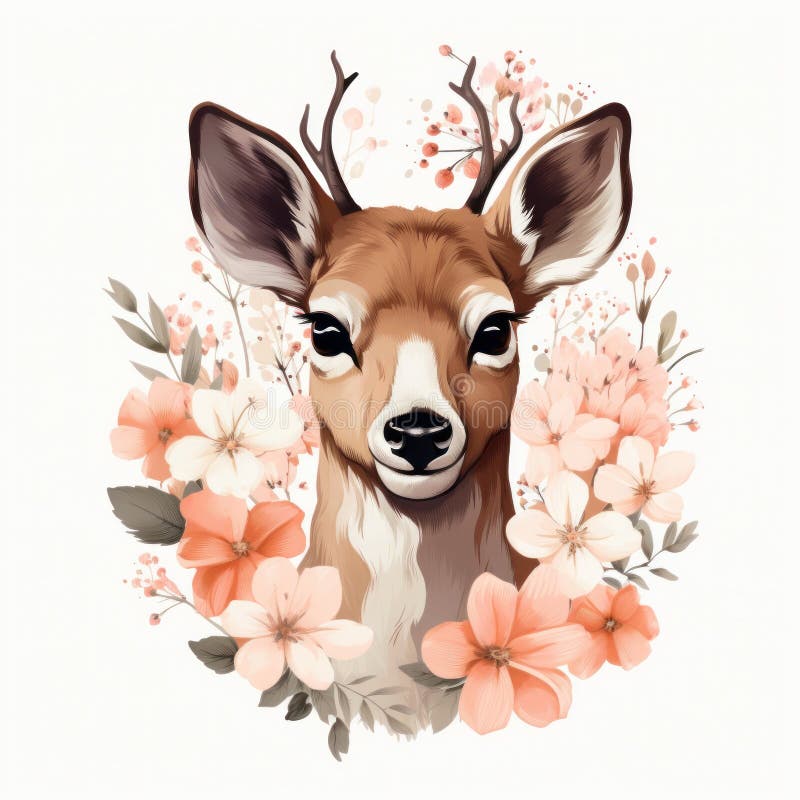 Minimalist Spring Deer with Flowers on White Background AI Generated ...