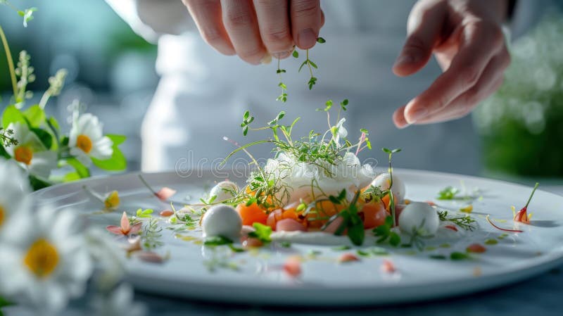 Minimalist Spring Gourmet Dish with Wild Herbs and Edible Flowers Stock ...