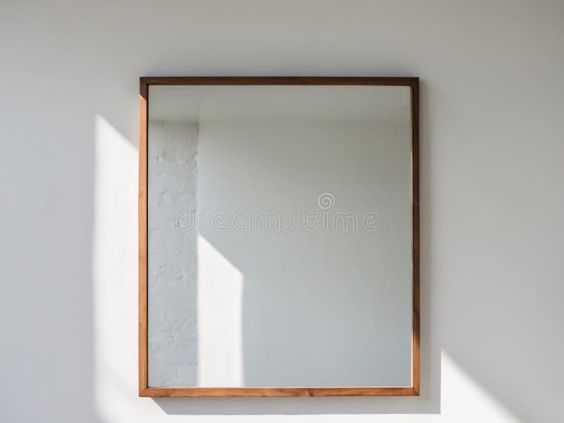 Minimalist Square Mirror with Wooden Frame on White Wall, Sunbeam on ...