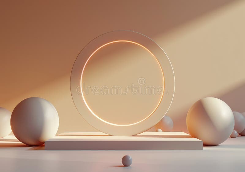 Minimalist Square Podium with Arch-shaped Ring and Spherical Objects ...
