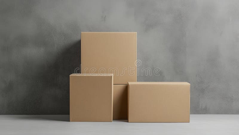 Minimalist Stack of Cardboard Boxes Against Grey Wall for Packing and ...