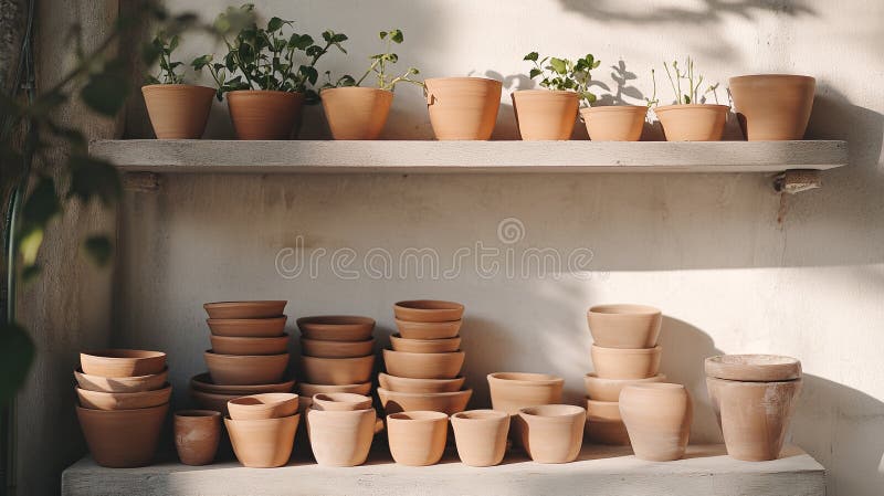 A Minimalist Stack of Clay Pots Styled on a Clean Outdoor Shelf for ...