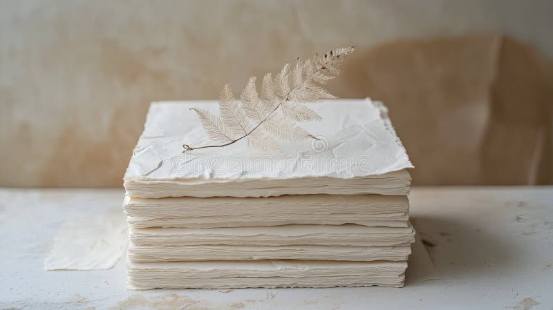 A Minimalist Stack of Handmade Paper with a Dried Fern Pressed into ...