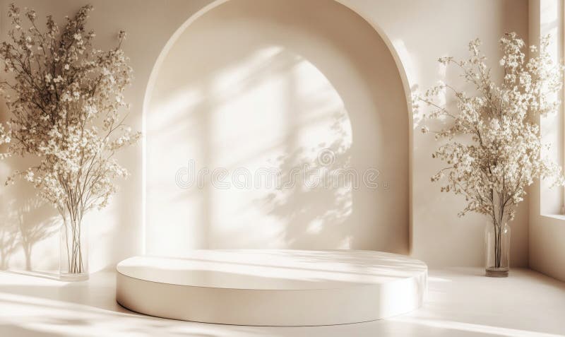 Minimalist Stage Design with Circular Platform and Floral Arrangements ...