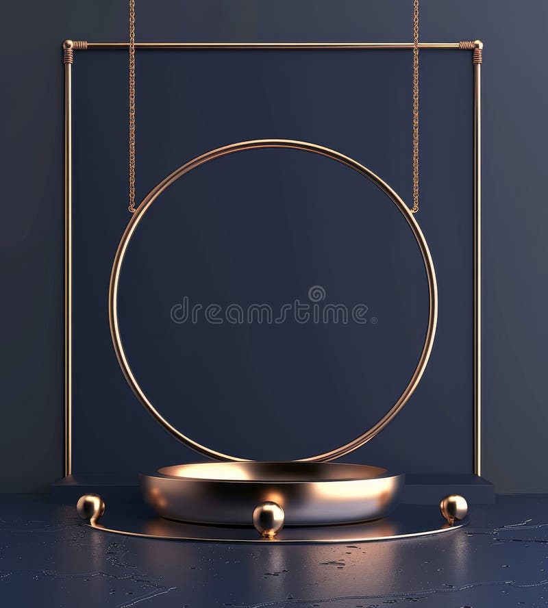 Minimalist Stage Design with Elegant Metallic Rings on a Dark Blue ...