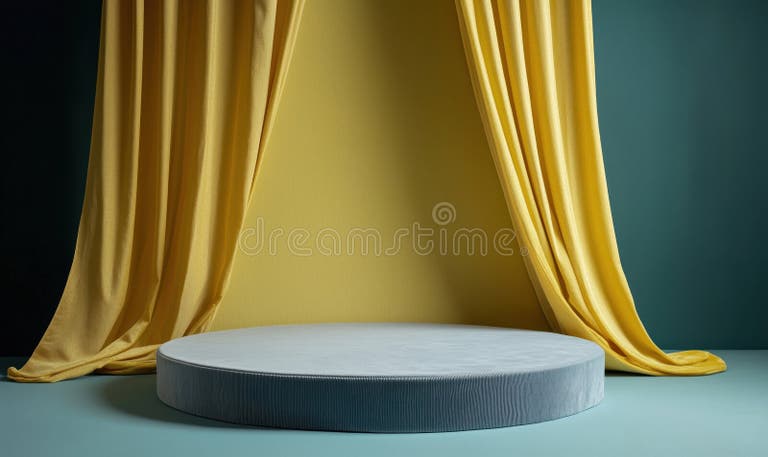 Minimalist Stage Design Featuring Circular Platform with Yellow Drapery ...