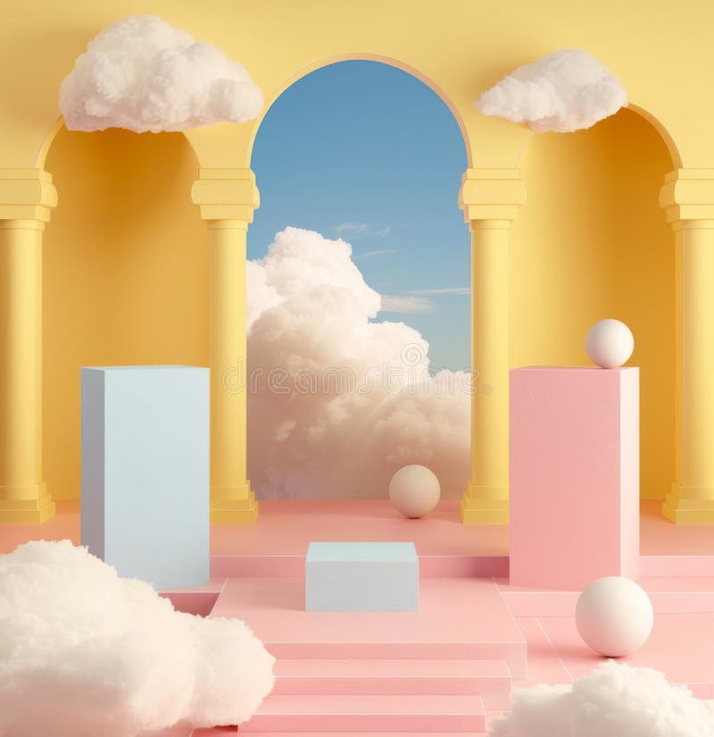 Minimalist Stage Design with Pastel Colors and Cloud Elements in a ...