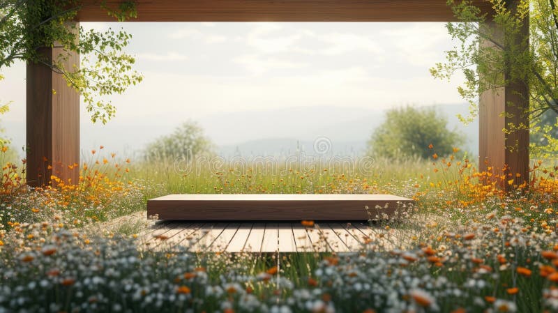 A Minimalist Stage Set in a Serene Meadow, Surrounded by Wildflowers ...