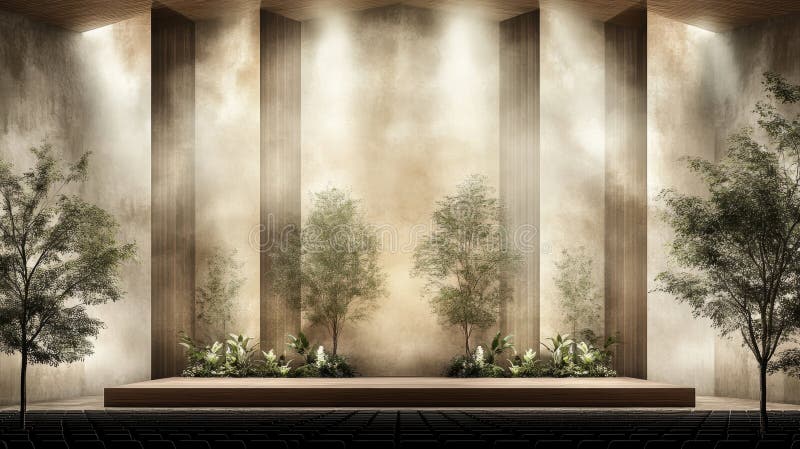 A Minimalist Stage with Three Trees and Spotlights, Perfect for Product ...