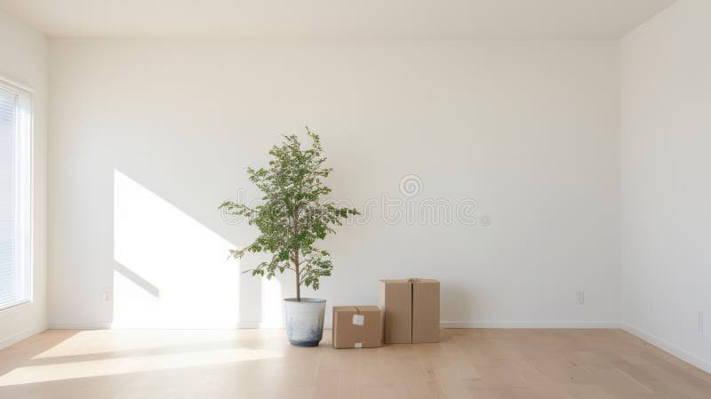Minimalist Staging Empty Room with Box and Potted Green Tree Stock ...