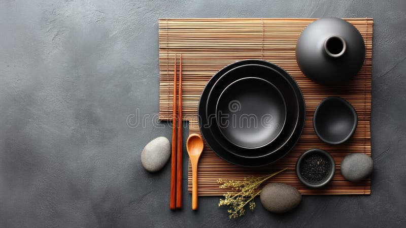 Minimalist Still Life Arrangement with Black Tableware and Natural ...