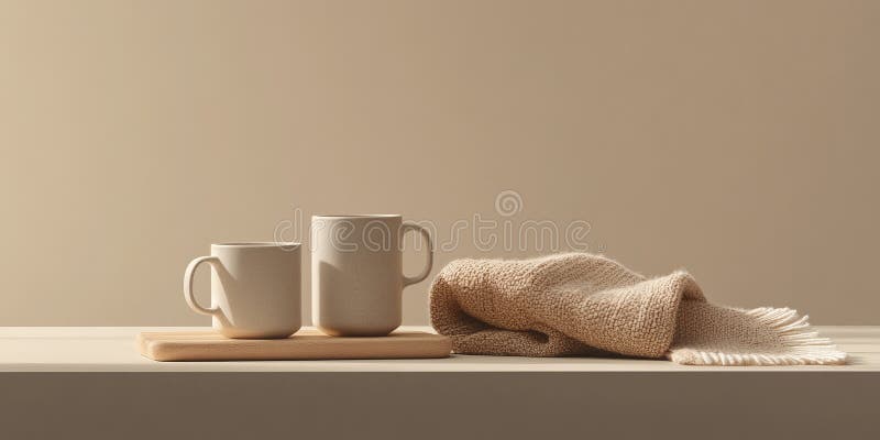 Minimalist Still Life with Ceramic Mugs and Cozy Knit Blanket on ...