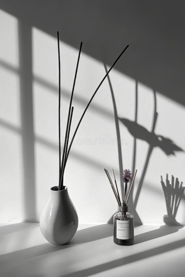Minimalist Still Life with Ceramic Vase and Reed Diffuser in Sunlit ...