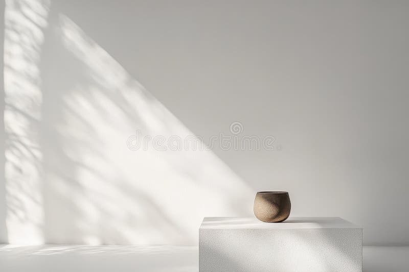 A Brown Clay Pot on a White Platform with Sunlight and Shadows Stock ...