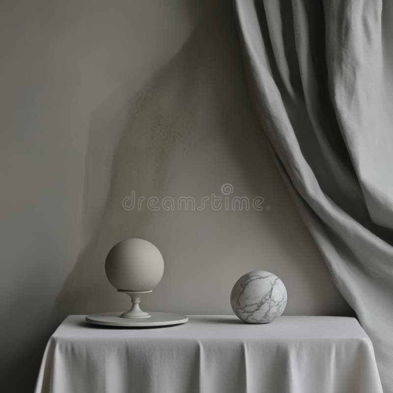 Minimalist Still Life with Marble and Matte Spheres on Table Stock ...