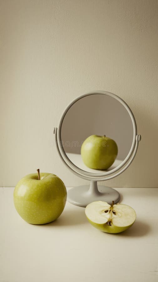 Minimalist Still Life with Green Apples and Reflective Mirror Stock ...
