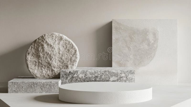 Minimalist Stone Display with Geometric Shapes in Neutral Tones for ...
