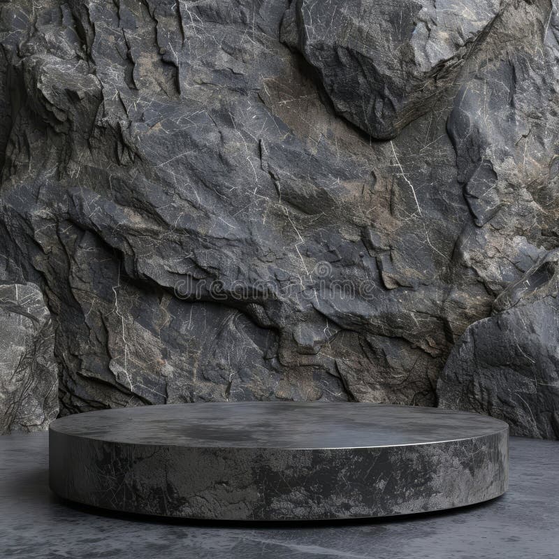 A Minimalist Stone Pedestal Stands Against a Rugged Rock Backdrop Stock ...