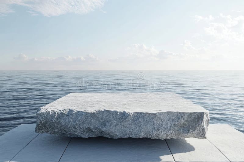Minimalist Stone Platform by the Serene Ocean Under a Clear Sky Stock ...