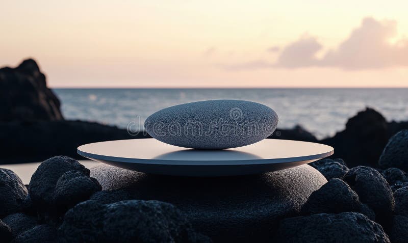 Minimalist Stone Sculpture on Reflective Surface by the Ocean at Sunset ...