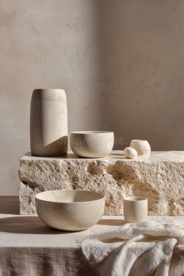 Minimalist Stoneware Pottery Collection on Natural Stone Surface for ...
