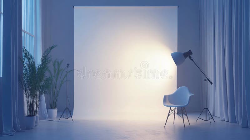 Minimalist Studio Interior with White Chair, Lighting, and Backdrop ...