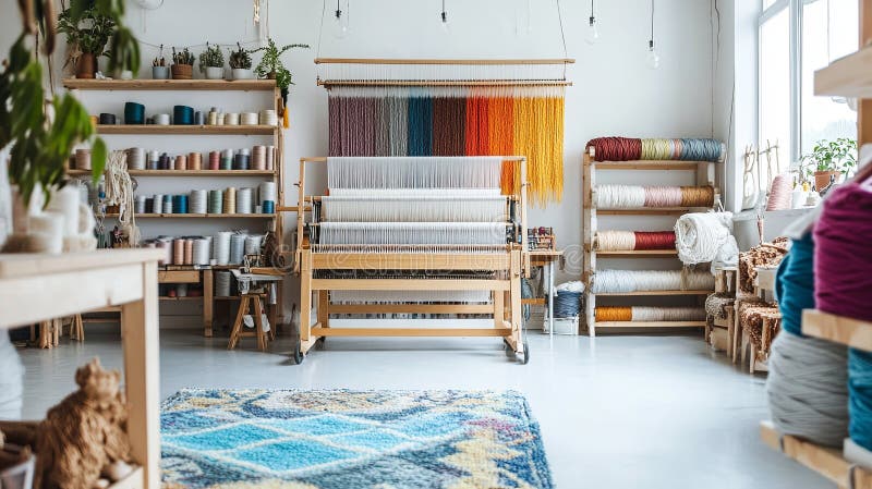 A Minimalist Studio with an Open Loom and Colorful Threads Neatly Stock ...