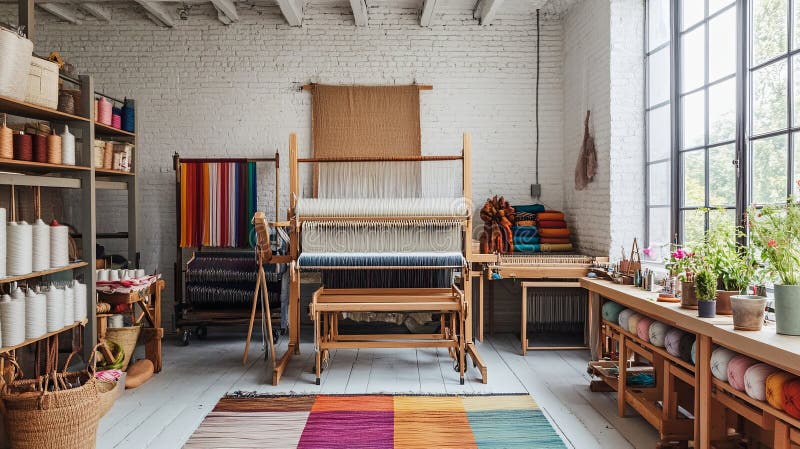 A Minimalist Studio with an Open Loom and Colorful Threads Neatly Stock ...