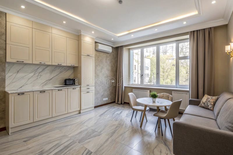 Minimalist Studio Room with Dining Table and Panoramic Window Stock ...