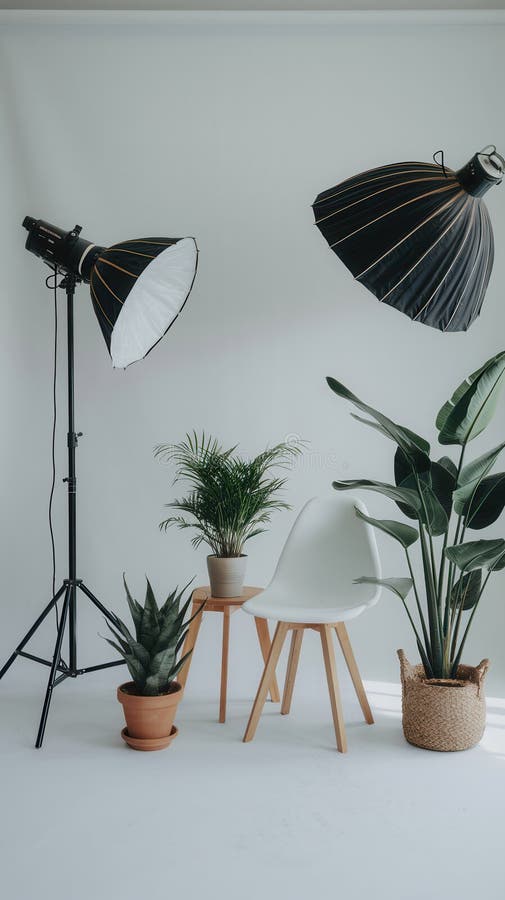 Minimalist Studio Space with Gray Armchair, Plants, and Studio Lighting ...