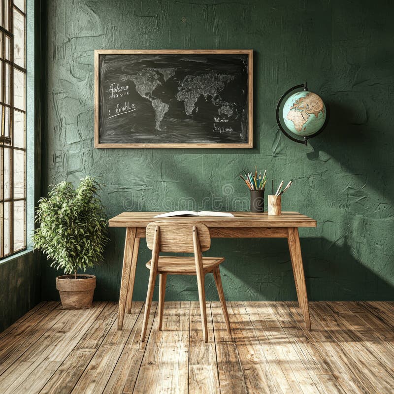 A Minimalist Study Area with a Wooden Desk, a Chair, a Globe, and a Map ...