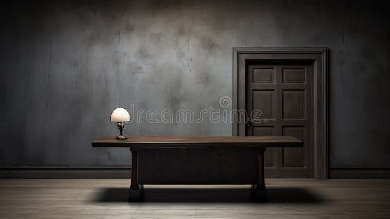 Minimalist Study: a Dark Room with a Wooden Table and Lamp Stock ...