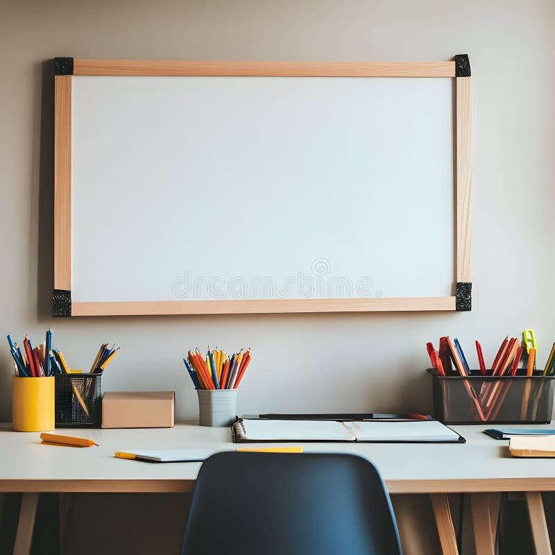 A Minimalist Study Desk with Colorful Stationery and a Blank Whiteboard ...